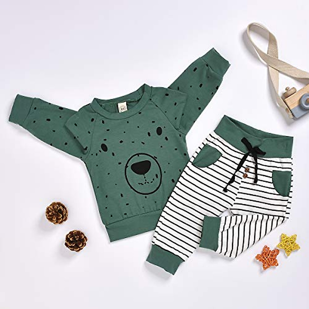 BOUTIKOME Toddler Baby Boys Outfits Infant Long Sleeve Shirts Pants Sets 0-4 Years Kids Fall Winter Sweathirt Pants Clothes (Green,12-18 M(Size:90))
