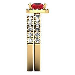 Clara Pucci 1.7 ct Princess Cut Halo Solitaire Simulated Ruby Designer Art Deco Statement Wedding Ring Band Set 18K Yellow Gold 3.5