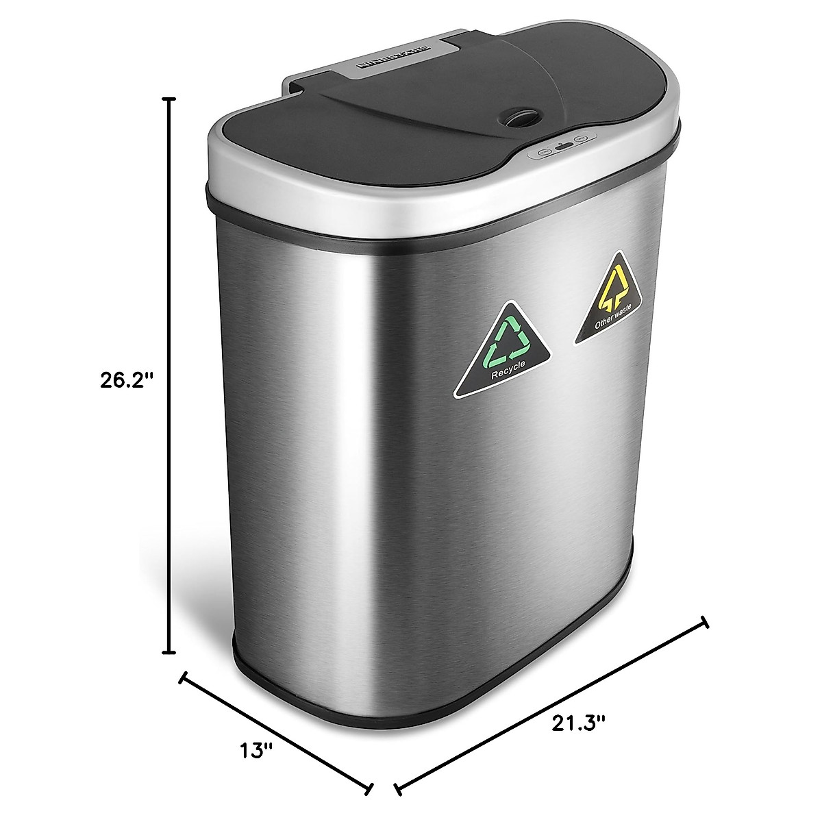 NINESTARS Automatic Touchless Infrared Motion Sensor Trash Can/Recycler with D Shape Silver/Black Lid & Stainless Base, 18 Gal, Stainless Steel