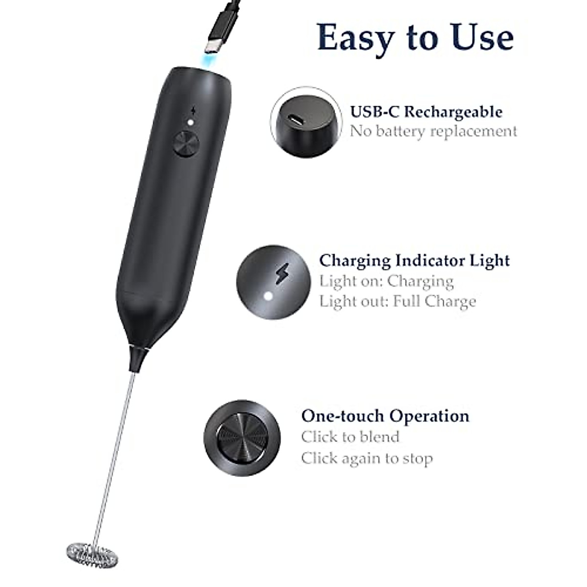 COKUNST Electric Milk Frother Handheld Rechargeable USB C, Powerful Milk Foamer Frother, Mini Drink Mixer Electric Handheld, Durable Whisk Coffee Milk Frother for Cappuccino, Latte, Hot Chocolate