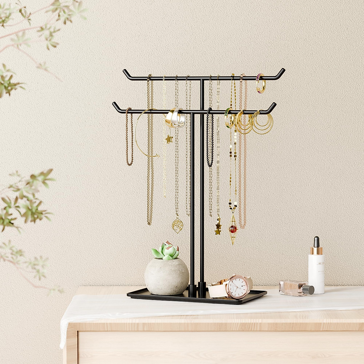 bussdis Necklace Stand Aesthetic Necklace Holder: Black Metal Necklace Organizer for Home Decor
