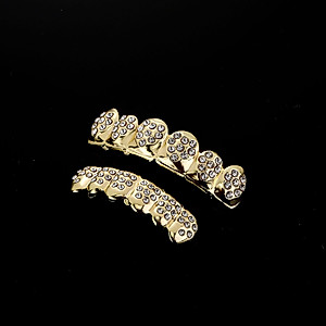 JINAO Gold Grillz 14K Gold Plated Iced Out Mouth Teeth Grillz Top Bottom Tooth Caps Hip Hop Bling Gold shiny Grills for Your Teeth for Men Women Costume Jewelry (Love Heart)