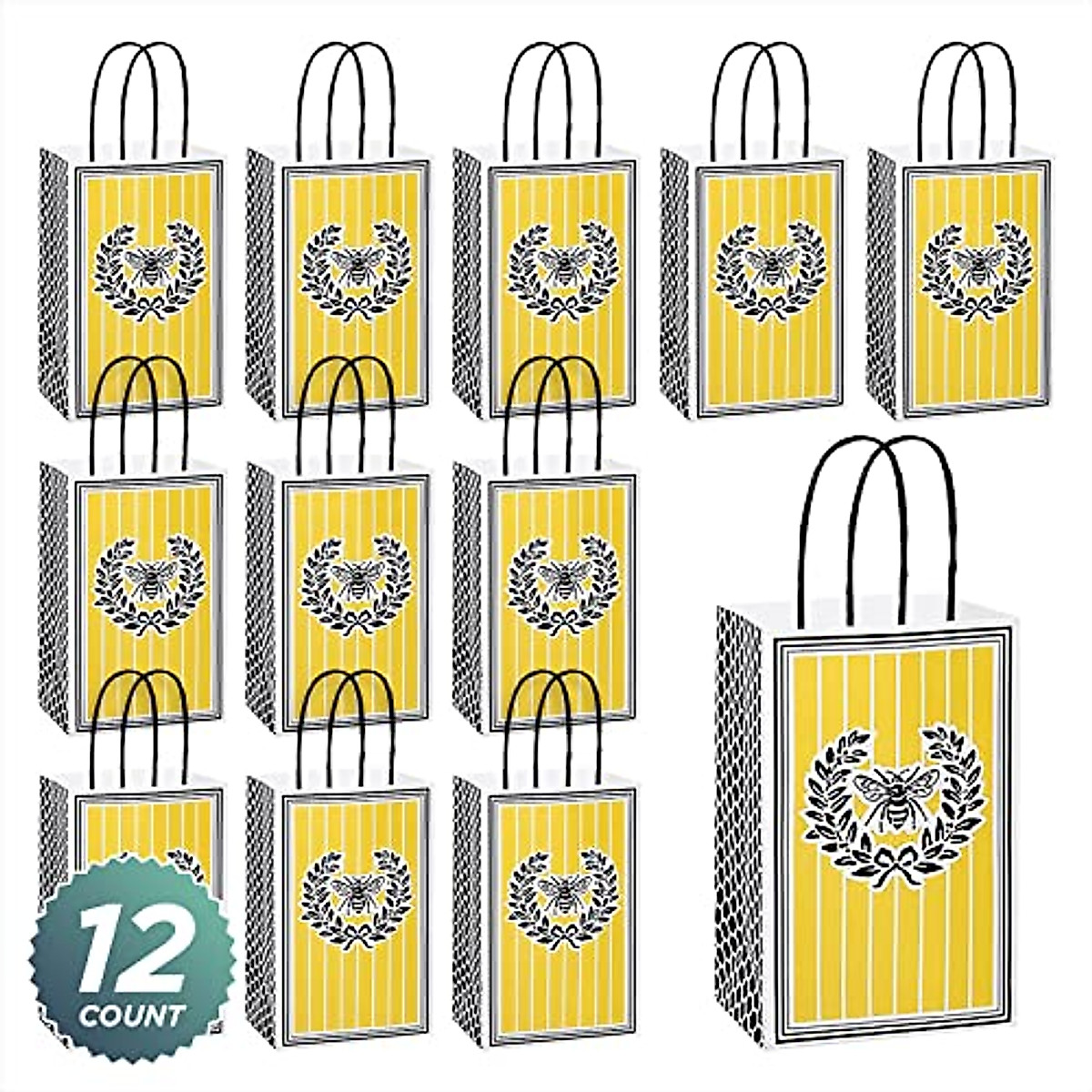 HOME & HOOPLA Queen Bee Yellow and Black Honeycomb Paper Gift Bags and Party Favor Bags, 5.25"x3.5"x8.25" (12 Pack)