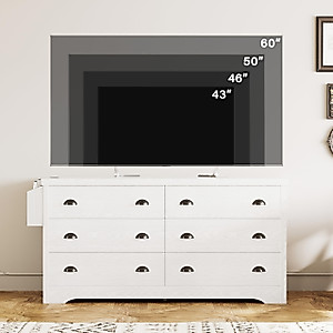 LIKIMIO Dresser for Bedroom 6 Drawer with Charging Station, TV Stand Storage Chest of Drawers for Living Room Hallway Entryway, MDF Board, White