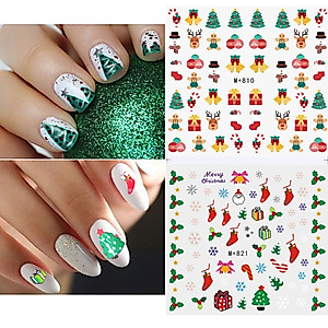 Christmas Nail Art Stickers, Snowflake Nail Decals Water Transfer Winter Nail Stickers Colorful Snowflake Santa Claus Snowman Bell Xmas Tree Sock Elk Nail Tattoo Stickers for Women Girls Kids (12