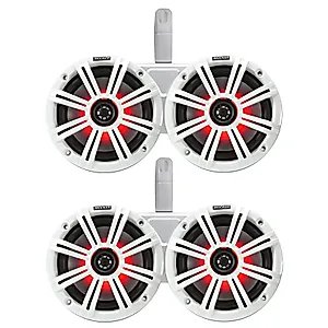 2 Pair (Qty 4) of Kicker 6.5" 2-Way 195 Watts Peak Power Coaxial Marine Multicolor LED Speakers with White Grilles, 6.5" Marine Tower Dual Speaker Enclosures (Pair) - White