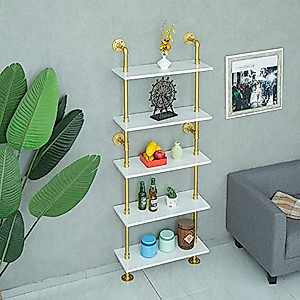HEONITURE 5 Shelf Modern Gold Bookshelf, Wall Mount White Bookcase, Ladder Shelf with Metal Frame, Display Shelf Shelves for Living Room/Home/Office