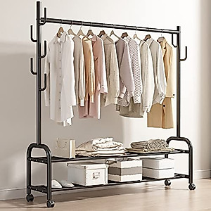 GAMNOF Clothes Rack with Wheels Clothing Racks for Hanging Clothes Garment Rack with Two Shelves and 7 Side Hooks Metal Rolling Rack for Clothes Hats Bags and etc Storage and Organizer