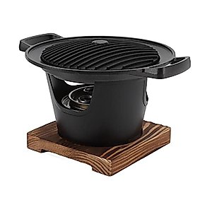 Charcoal Grill, Portable Charcoal Grill Japanese Hibachi Grill with Wooden Base, 8.46 X 6.89 X 5.31in Portable Grill Smokeless Cast Iron Hibachi Grill Yakiniku Grill for BBQ