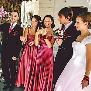 4 Pcs Corsage and Boutonniere Set, 2 Rose Wrist Corsage Wristlet Band Bracelet for Prom and 2 Boutonniere for Men Wedding Groom Flowers Accessories Suit Decoration (Burgundy)