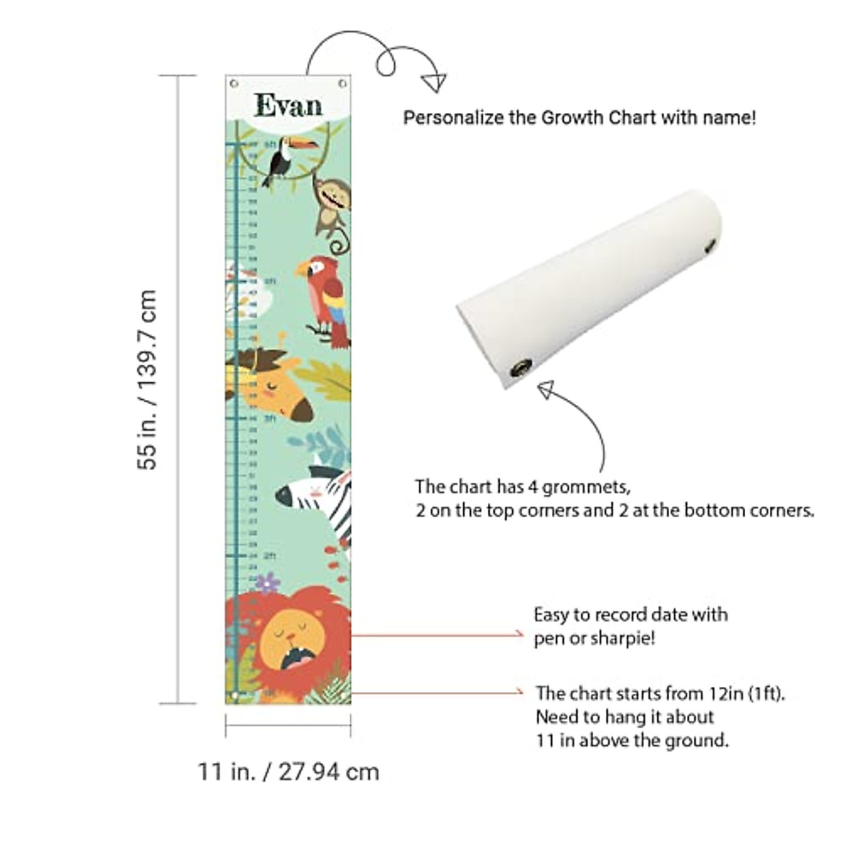 Personalized Canvas Growth Chart for Kids, Height Chart for Kids, Growth Chart Banner with Name