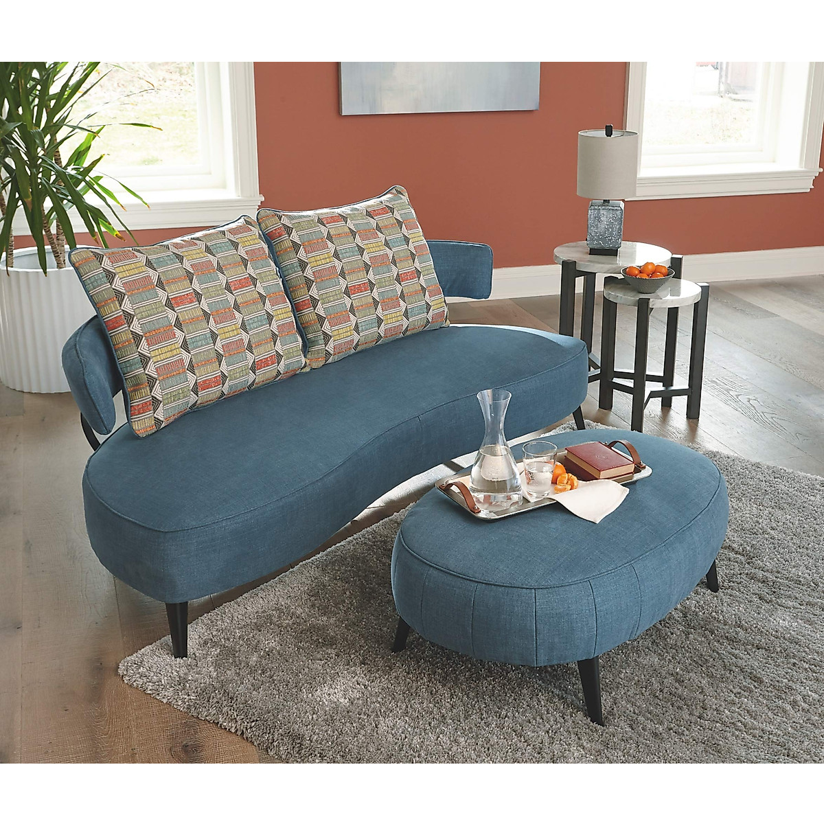 Signature Design by Ashley Hollyann Mid-Century Modern Sofa with 2 Back Pillows, Blue