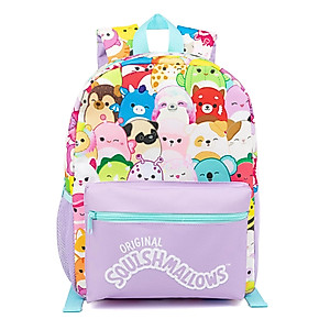 Squishmallows Girls 4 Piece Backpack Set | Kids Purple Rucksack Bundle with School Bag, Pencil Case, Lunch Bag & Water Bottle