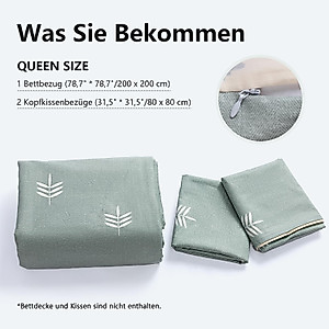 MetersGod 100% Long-Staple Cotton Duvet Cover Set Queen White Green Floral Leaves Pattern Printed Reversible Comforter Cover 3pcs, Ultra Soft & Breathable Bedding Set