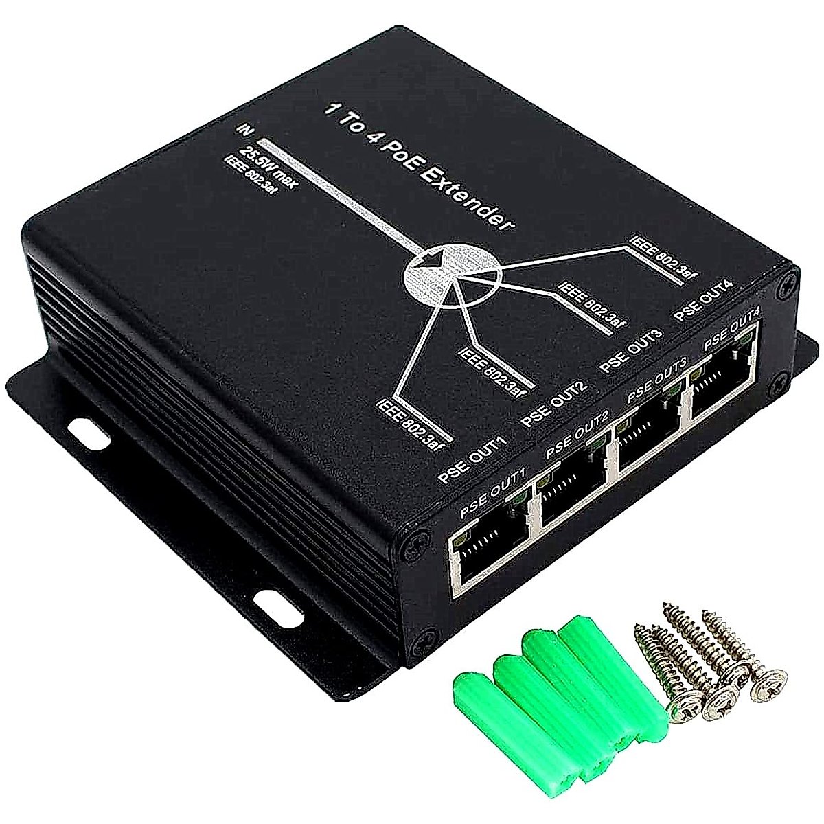 BeElion PoE Extender Ethernet Repeater 10/100Mbps, 1In/4Out 10/100BASE-TX IEEE802.3at (Power-in) to IEEE802.3af (Power-Out) PoE Extender for Ethernet/PoE Power, IP Camera,Other Network