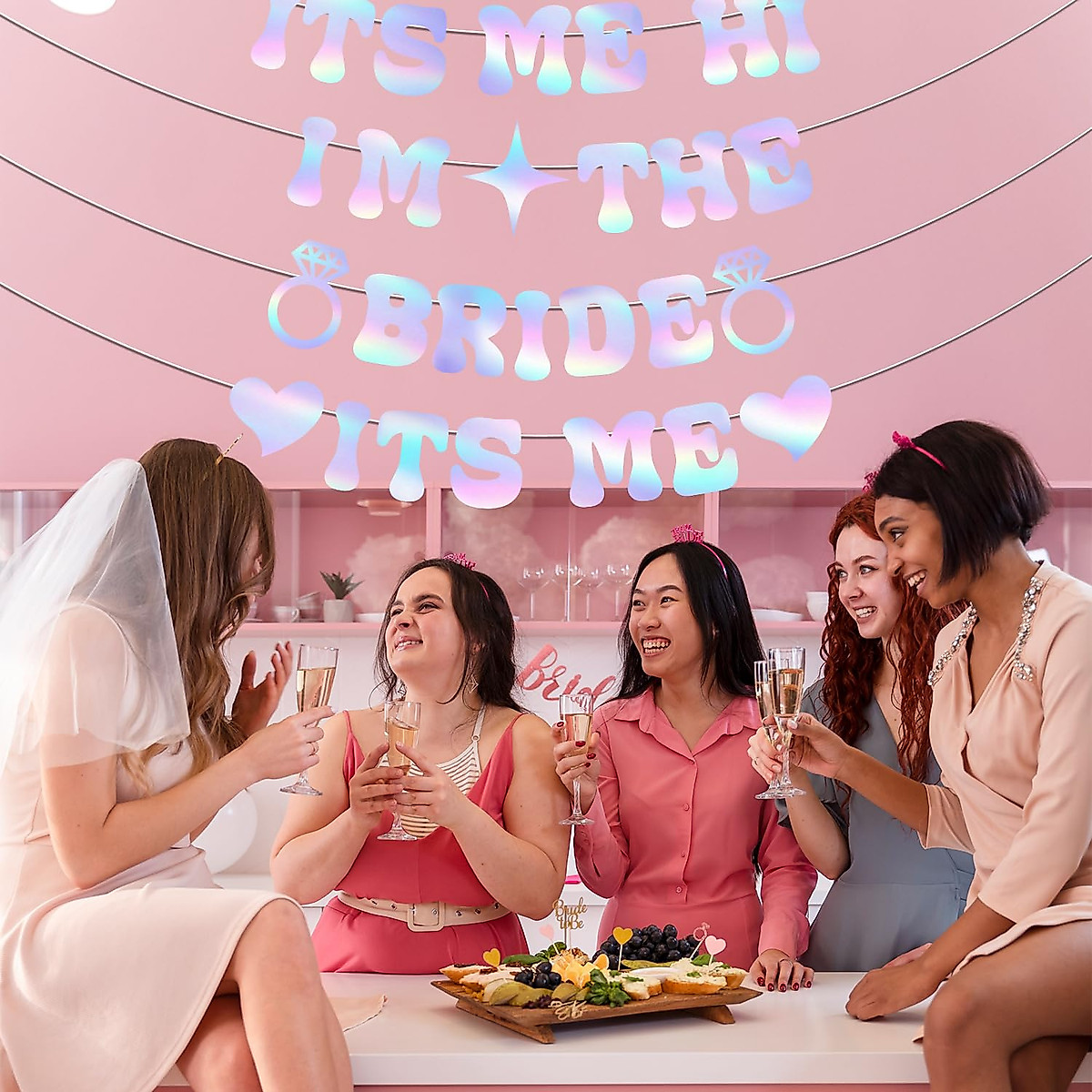 Pre-Strung Glitter Bachelorette Party Decorations, Iridescent Its Me Hi Im the Bride Its Me Bachelorette Party Banner, Bride Banner for Bachelor Party Favors