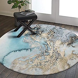 Lahome Marble Pattern Round Area Rug - 4' Diameter Faux Wool Non-Slip Area Rug Accent Distressed Throw Rugs Floor Carpet for Living Room Bedrooms Laundry Room Decor (Round - 4' Diameter, Blue)