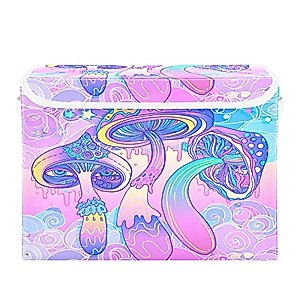 Blueangle Magic Mushrooms Storage Bins with Lids, 16.5 x 12.6 x 11.8 in, Large Collapsible Organizer Storage Basket for Home Office Décor（782）