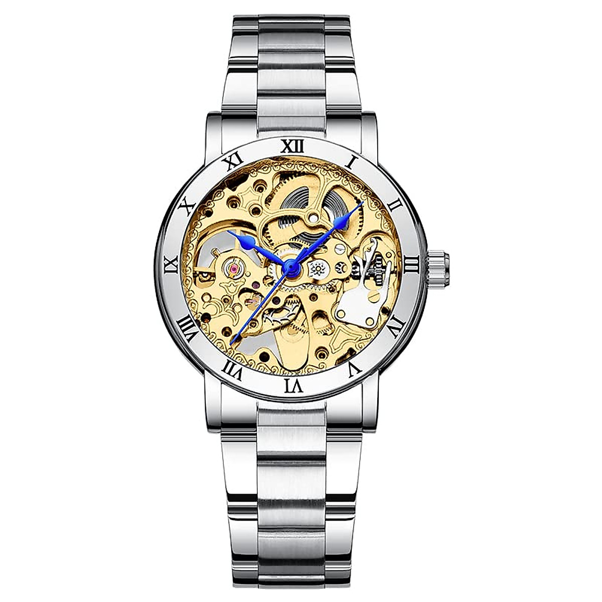 IK Women's Automatic Watch, Steampunk Self Winding Mechanical Bracelet Stainless Steel Wrist Watch for Ladies - Golden Dial