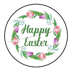 1.5" Inch Happy Easter Tulips Stickers - Tulip Stickers - Happy Easter Stickers Envelope Seals Labels - D #AA61RK (30 Pcs)
