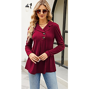 Newchoice Women Fall Long Sleeve Shirts Tops，Casual Winter Clothing Collar V Neck Tunics Or Tops To Wear With Leggings(Berry Red.M)
