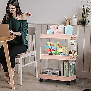 DILUOOU 3 Tier Slim Storage Cart, Mobile Shelving Unit Organizer Slide Out Rolling Storage Racks with Wheels, for Kitchen Bathroom Laundry Room Narrow Places，Pink
