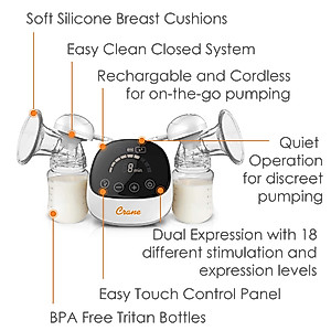 Crane Double Electric Cordless Rechargeable Breast Pump, Portable, Closed System, Overflow Protection