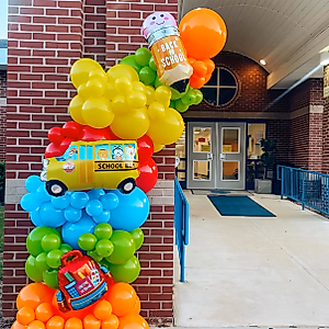 CYMYLAR 11 Pcs Back to School Balloons/Large Yellow School Bus Balloon/Colorful School Bag Pencil Crayon Box Foil Balloons/Red Yellow Mylar Helium Star/School Teacher Party Supplies/Blue Latex Balloon