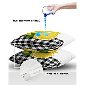 Vandarllin Outdoor Throw Pillows Covers 18X18 Set of 2 Waterproof Lemon Summer Fruit Decorative Zippered Lumbar Cushion Covers for Patio Furniture, Black White Buffalo Check Plaid