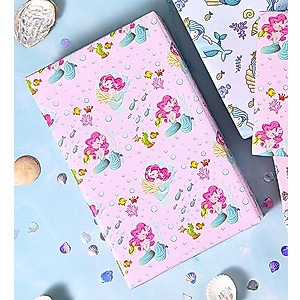 Sikiweiter Mermaid Wrapping Paper - Birthday Wrapping Paper for Girls, 12 Sheets Little Mermaid Wrapping Paper for Birthday Christmas Baby Shower, 19.7 x 27.6 Inches Per Sheet