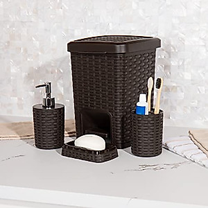 Mind Reader Basket Collection, 4 Piece Bathroom Set Includes: Square Wastepaper Pedal Basket, Toothbrush Holder, Liquid Soap Dispenser and Soap Dish, Wicker Style, Bathroom, 4 Piece Set, Brown