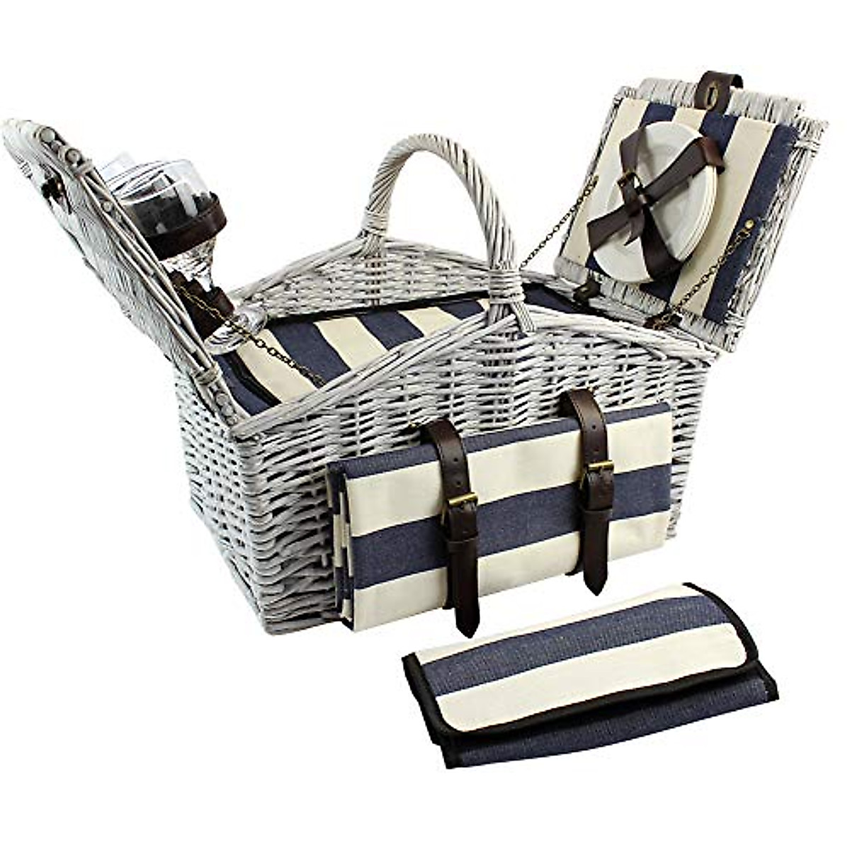 HappyPicnic 'Huntsman' Willow Picnic Hamper for 4 Persons with 'Built-in' Insulated Cooler, Wicker Picnic Basket with Canvas Stripe Lining, Willow Picnic Set, Picnic Gift Basket (Navy Stripe)