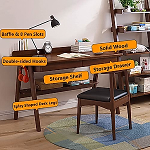 Solid Wood Writing Desk, 47" Mid-Century Modern Walnut Desk, Home Office Computer Desk with 2 Drawers and Storage Shelf, Laptop Desk, Study Table, Work Desk Station