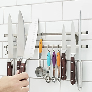 Magnetic Knife Holder Strip for Wall and Kitchen Utensil Holder-16inch Powerful Stainless Steel Magnetic Knife Rack with Hanger Hook Strip Plus Carbon Sharpener