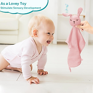 ZIGJOY Bunny Lovey Muslin Cotton Baby Security Blanket Soft Breathable Lovies for Babies Gifts for Newborn Infant Toddler Boys and Girls, Pink