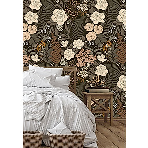 HAOKHOME Peel and Stick Wallpaper Floral Vintage Removable Rose Leaf Black/Brown/Beige Stick on Mural 17.7in x 6.6ft