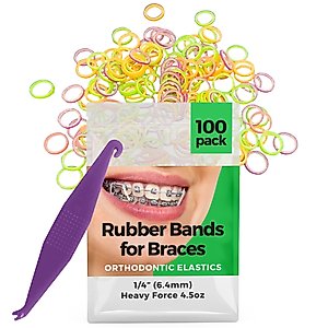 1/4 Inch Orthodontic Elastic Rubber Bands - 100 Pack, Neon, Heavy Force 4.5 oz - Dental Rubber Bands, Teeth Rubber Bands Gap Fixer, Dreadlock Rubber Bands, 1 Elastic Placer for Braces Included