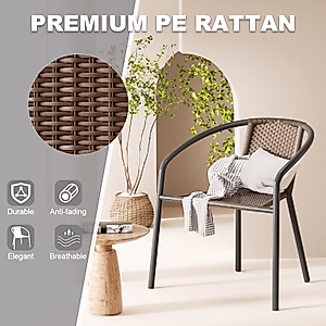 TANGJEAMER 4 Pack Patio Stackable Rattan Chairs, Indoor-Outdoor Restaurant Wicker Dining All-Weather Armchair Stack Chair, Brown