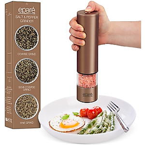 Eparé Bundle: Electric Salt or Pepper Grinder - Battery Operated Ceramic Burr Peppermill Shaker (Metallic) & Electric Salt or Pepper Grinder - Battery Operated Ceramic Burr Peppermill Shaker (Copper)