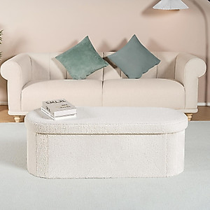 B FSOBEIIALEO Ottoman with Storage for Living Room, Sherpa Folding Storage Ottoman Foot Rest, 43.3 Inches Collapsible Bedroom Bench White