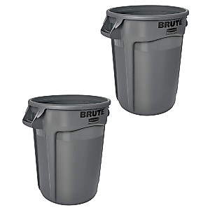Rubbermaid Commercial Products BRUTE Heavy-Duty Round Trash/Garbage Can with Venting Channels - 32 Gallon - Gray (Pack of 2)