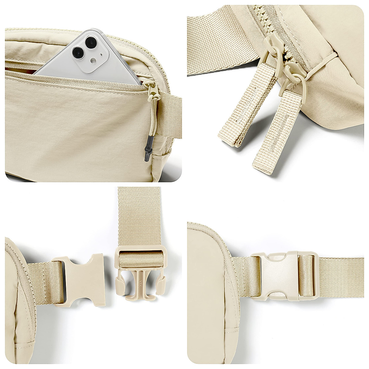 AslabCrew 2-Way Zipper Unisex Belt Bag with Adjustable Strap Fanny Packs Mini Waist Pouch for Outdoor Hiking Running Travel, Beige