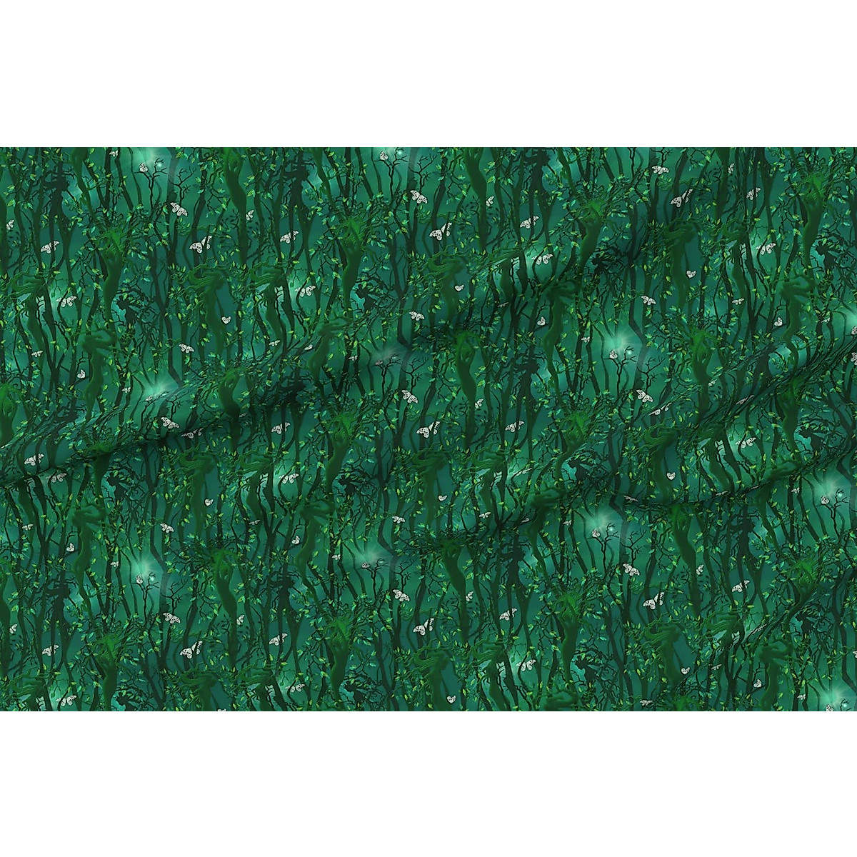 Spoonflower Fabric - Wood Green Leaves Butterflies Forest Trees Fantasy Emerald Vines Printed on Petal Signature Cotton Fabric by The Yard - Sewing Quilting Apparel Crafts Decor