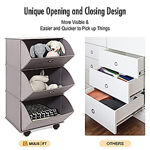 MULISOFT Fabric Dresser with 3 Drawer, Foldable 3 Drawer Storage, Easy Pull Fabric Storage Dresser, Rolling Fabric Storage Drawer for Bedroom, Closet, Entryway, Hallway, Nursery Room, Office