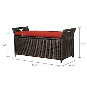 PATIO TREE 40 Gallon Outdoor Storage Bench Rattan Deck Box Patio Steel Frame Wicker Storage Container with Cushion, Red NPT-900004