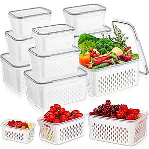 Mumufy 9 Pack Fruit Vegetable Storage Containers for Refrigerator Produce Saver Storage Container with Lid and Colander Fresh Plastic Keeper Containers for Lettuce Berry Food Storage Organization Set