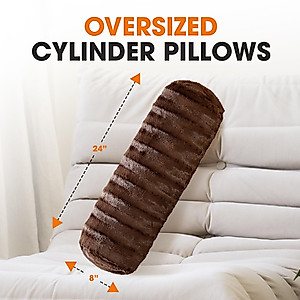 Cheer Collection Faux Fur Cylinder Pillows - Decorative Bolster Pillows for Couch & Bed - Machine Washable - 8” x 24” Inch (Set of 2) - Chocolate