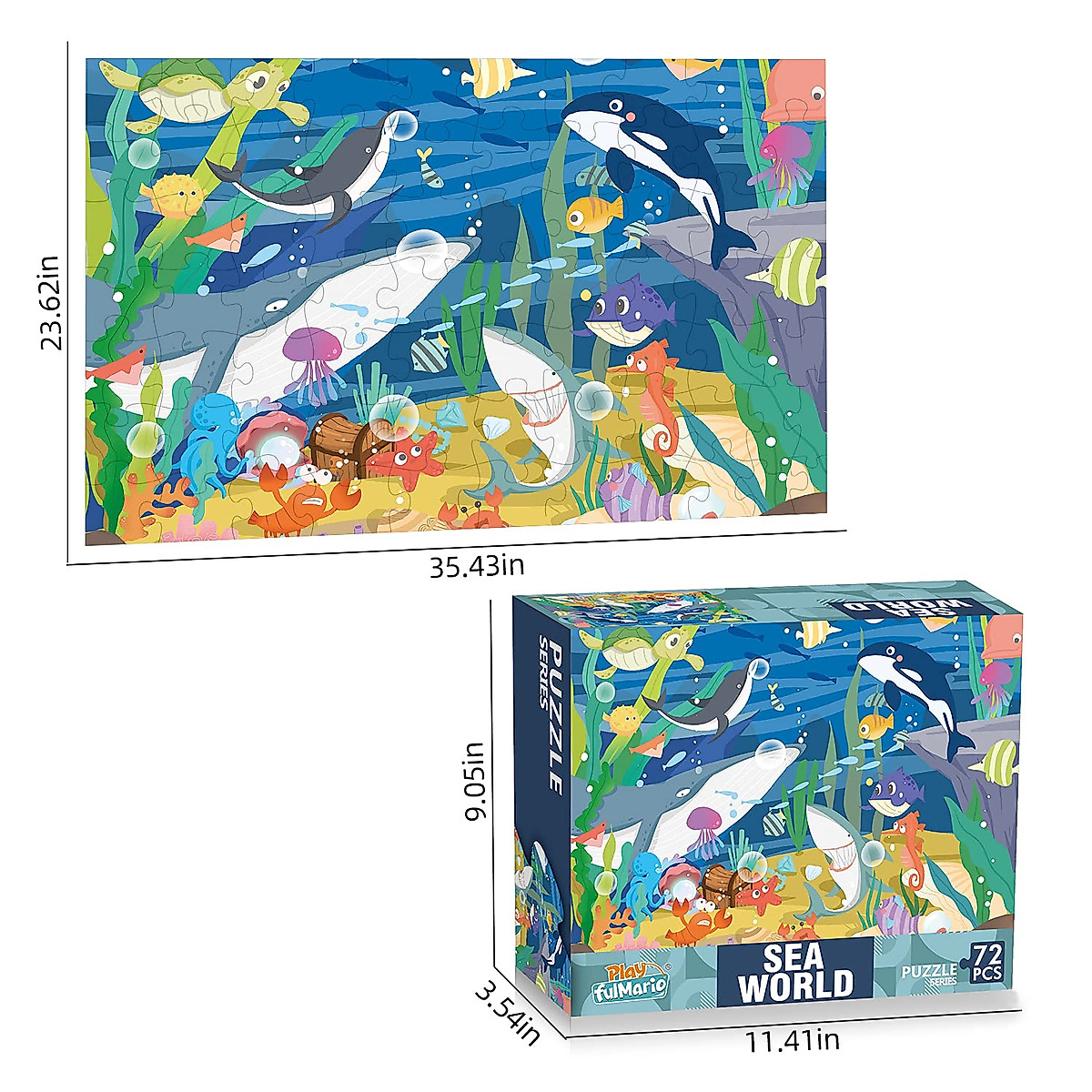 Jumbo Floor Puzzles for Kids Ages 3-5 Preschool Learning Toys Sea Animals Puzzles for Toddlers&Kids Ages 2-4 Years Old,72 Pieces Blue Card Material (Sea World)