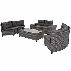 Merax 8-pieces Outdoor Wicker Round Sectional Curved Sofa Set with Rectangular Coffee Table, PE Rattan Water-resistant and UV Protected, Movable Cushion, Half-Moon Style, Grey