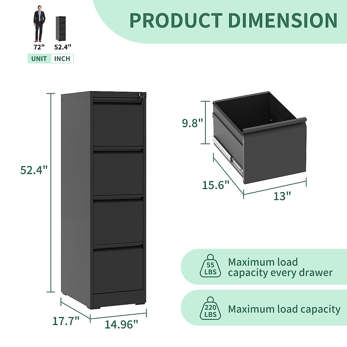 VIYET 4 Drawer File Cabinet, Metal Vertical File Cabinets with Lock for Home Office, Heavy Duty Office Steel Filing Cabinet for Hanging Files for A4/ Legal/Letter,Assembly Required (Black)
